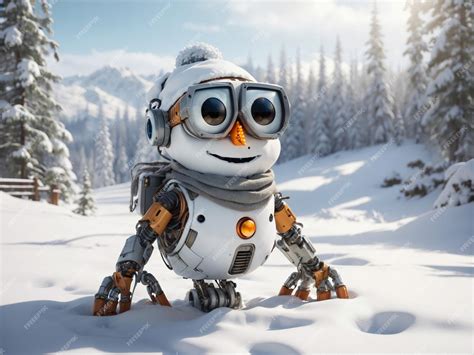 Premium Ai Image Snowman Robot At Winter Landscape