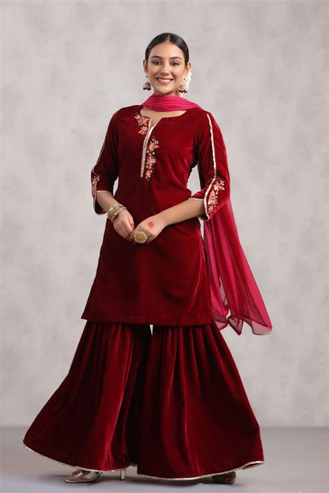 Buy Maroon Velvet Sharara Suit With Dupatta Gillori