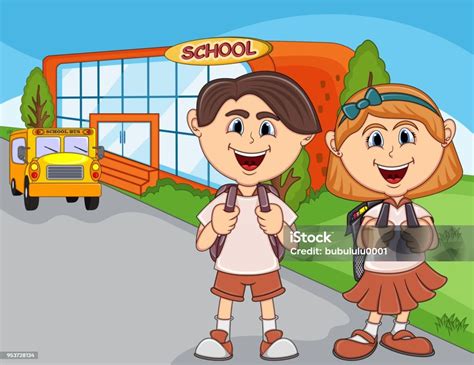 Vetores De Crianças Indo Para Desenho Animado De Escola E Mais Imagens