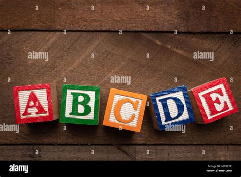 Colorful Wooden Letter Blocks Making The On Brown Wood Background Stock Photo Alamy