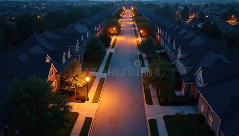 Aerial View Of Nighttime Suburban Street Lined With Illuminated Homes