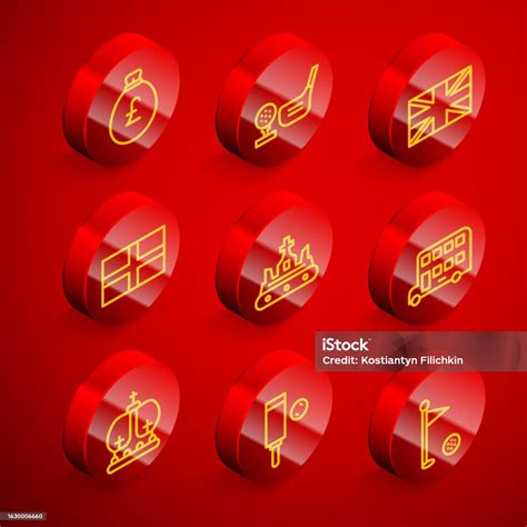 파운드 골프 클럽 볼 티 영국 영국 왕관 2층 버스 나무 크리켓 박쥐 아이콘의 국기가 있는 라인 머니 백을 설정합니다 벡터 3차원 형태에 대한 스톡 벡터 아트 및 기타