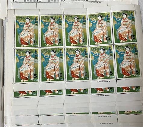 切手趣味週間 2種 15円10面60シート 1968年 土田麦僊 舞妓林泉 1970年 岡田三郎助 婦人像 額面合計9000円分 切手