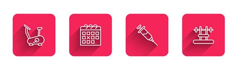 고정식 자전거 캘린더 피트니스 도핑 주사기 및 긴 그림자가 있는 바벨이 있는 벤치를 설정합니다 빨간색 사각형 버튼입니다 벡터 건강 진단에 대한 스톡 벡터 아트 및 기타