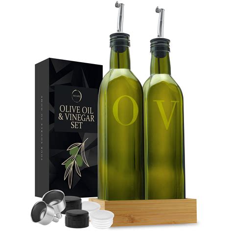 Buy Olive Oil Dispenser Bottle Set Of 2 With Wood Tray 17 Oz Glass Oil And Vinegar Dispenser
