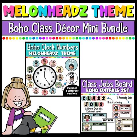 Boho Melonheadz Theme Classroom Decor Mini Bundle Class Jobs And Clock Numbers