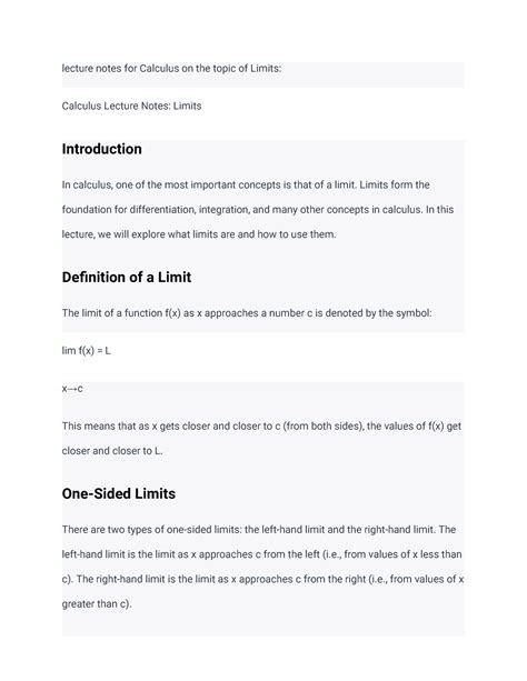 Lecture Notes For Calculus On The Topic Of Limits Lecture Notes For