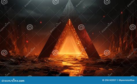 A Pyramid Shaped Structure With A Fire In The Background Royalty Free