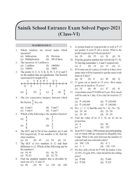 Sainik School Class 6 Question Paper 2021 Pdf