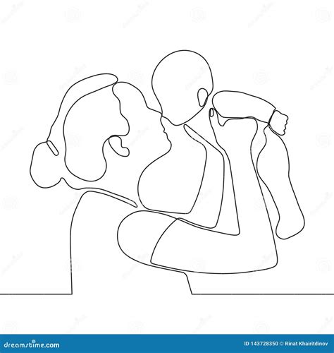Mère Tenant Peu De Bébé Dans Des Ses Bras Un Dessin Au Trait Continu
