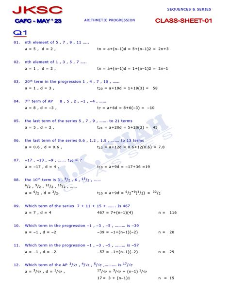 1 Sequences And Series Ap Class Sheet 1 Soln Pdf Mathematics
