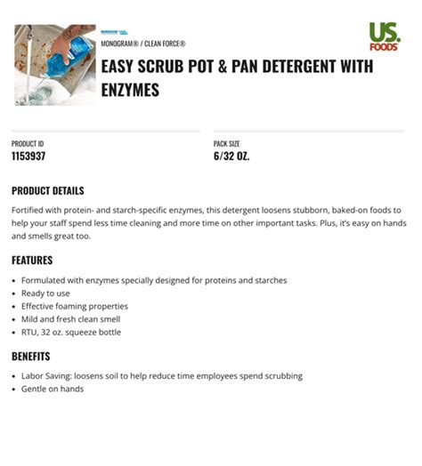 Monogram Clean Force Easy Scrub Pot And Pan Detergent With Enzymes Sell Sheet
