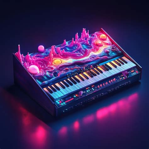 Electronic Synthesizer In Neon Light On Dark Background Music Concept
