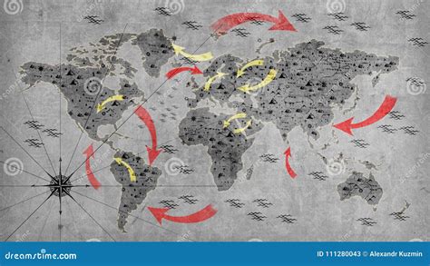 与进攻箭头的灰色世界地图 墙壁的墙纸 3d例证 库存例证 插画 包括有 都市 结构 背包 油漆 111280043