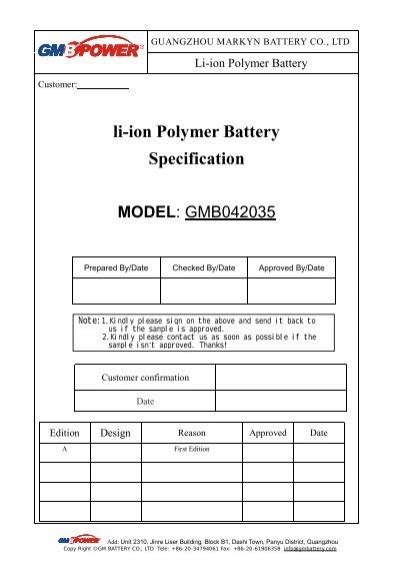 Li Ion Polymer Battery Specification Model Powerstream