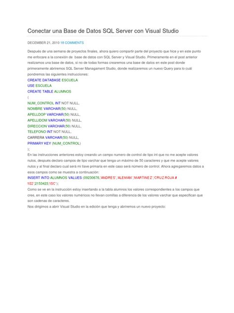 Conectar Una Base De Datos Sql Server Con Visual Pdf Servidor Sql