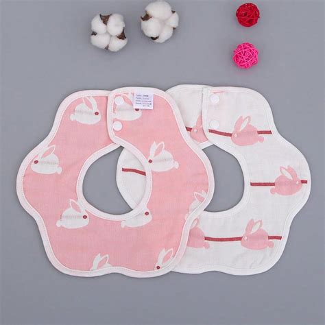 1pc Pink Rabbit Printed Bib 8 Cornered Drool Bib Made Of 6 Layer Gauze