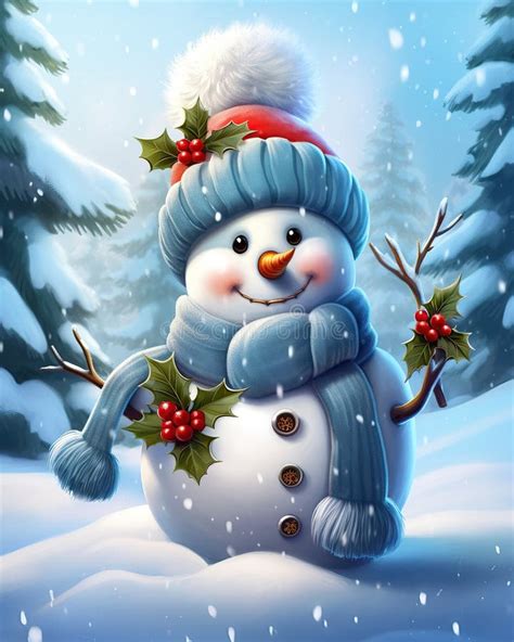 Cute Snowman In Winter With A Hat Anime Artwork Stock Illustration