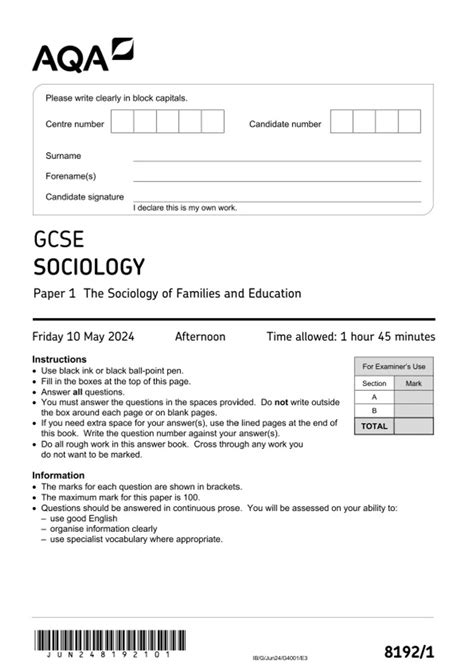 Aqa Gcse Sociology Paper 1 June 2024 Question Paper And Mark Scheme