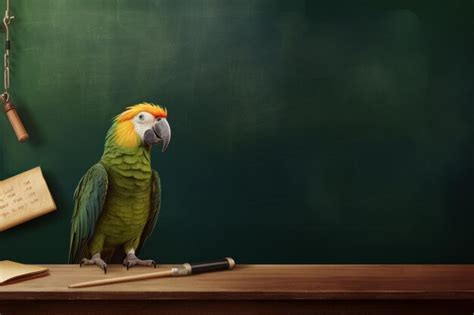 Premium Ai Image A Colorful Parrot Stands Near The Blackboard At The Table Next To The Teacher