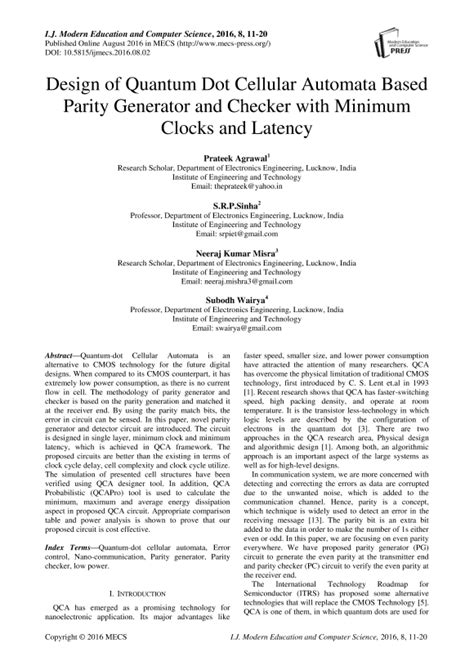 Design Of Quantum Dot Cellular Automata Based Parity Generator And