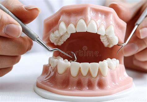 Dental Model Closeup Teeth Examination With Tools High Quality Image