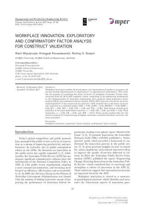 Pdf Workplace Innovation Exploratory And Confirmatory Factor Analysis For Construct Validation