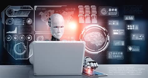 Robot Humanoid Use Laptop And Sit At Table For Big Data Analytic Stock