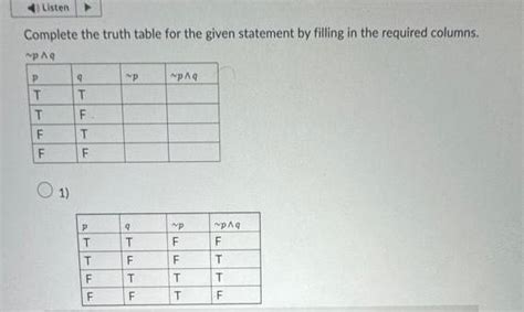 Answered Listen Complete The Truth Table For The Given Statement By