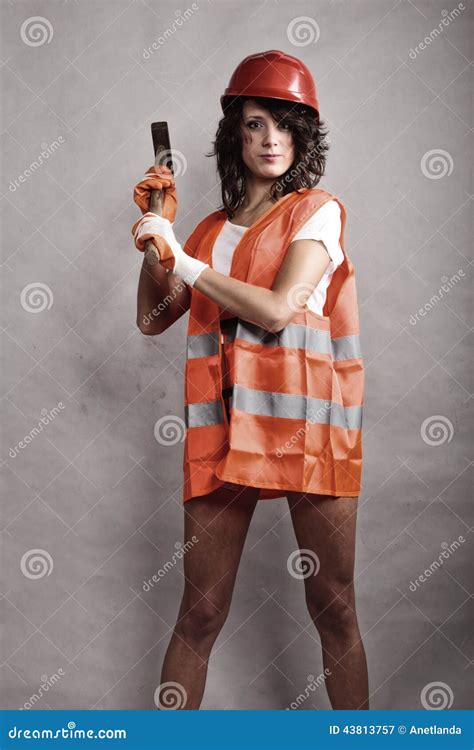 Girl In Safety Helmet Holding Hammer Tool Stock Image Image Of