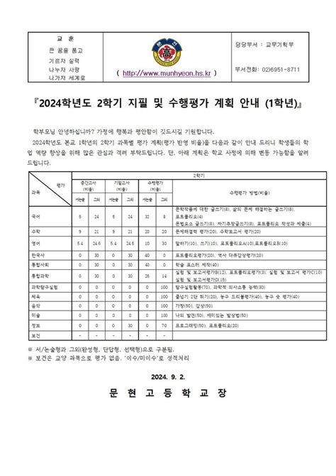 2024학년도 2학기 지필 및 수행평가 계획 안내1학년 가정통신문 문현고등학교