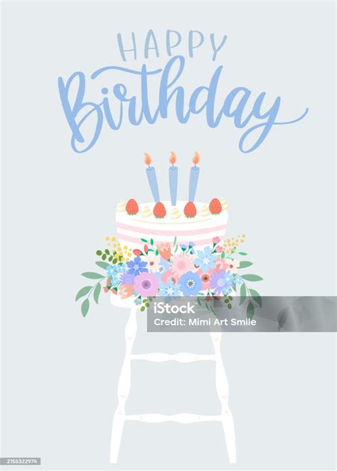 생일 케이크 아름 다운 푸른 꽃 벡터 일러스트 레이 션 생일 축하 서예가 있는 카드 디자인 귀여운에 대한 스톡 벡터 아트 및