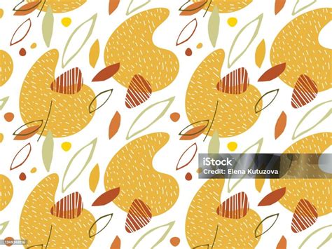 가을 추상화 매끄러운 패턴 손으로 그린 자연 유기 모양타낙한 잎 색상 직물 포장지 벽지 가을 휴일커버 디자인을위한 트렌디 한 콜라주 벡터 가리기에 대한 스톡 벡터 아트 및