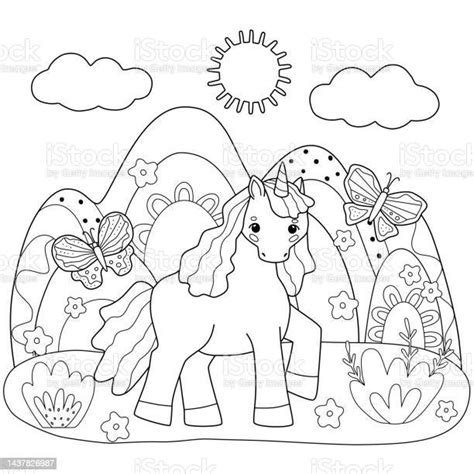 추상적인 산의 배경에 귀여운 유니콘 간단한 모양과 선이 있는 어린이 색칠 페이지 유니콘에 대한 스톡 벡터 아트 및 기타 이미지