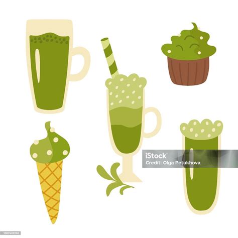 말차 가루 녹차와 음료와 과자 아이스크림 컵케이크 라떼 칵테일 벡터 그림이 격리되었습니다 엽서 디자인 장식용 0명에 대한 스톡