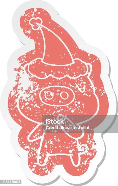 산타 모자를 쓴 콘텐츠 돼지의 기발한 만화 고민 스티커 낙서 드로잉에 대한 스톡 벡터 아트 및 기타 이미지 낙서 드로잉