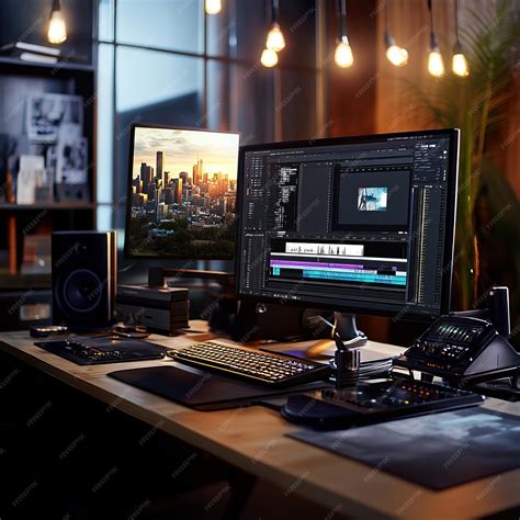 Video Editing Setup With Monitor Displaying City Skyline And Editing