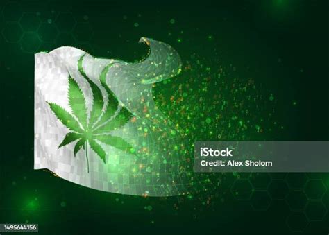 Annabis 다각형과 데이터 번호가있는 녹색 배경의 벡터 3d 플래그 3차원 형태에 대한 스톡 벡터 아트 및 기타 이미지