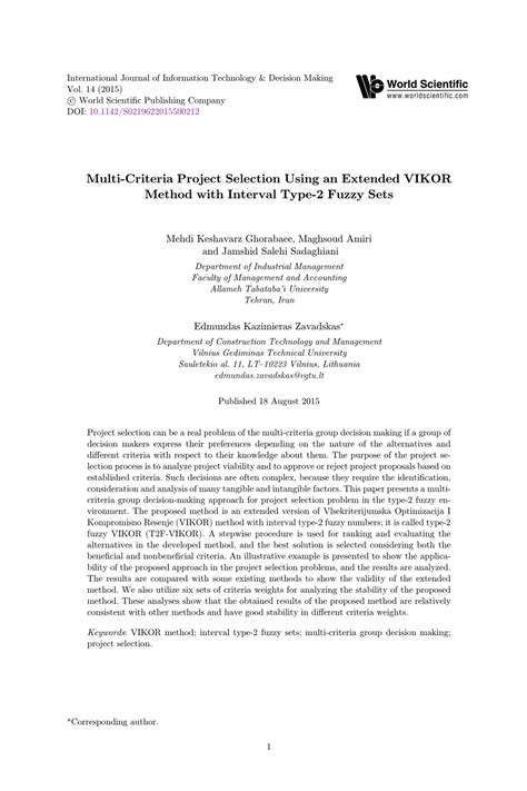 pdf multi criteria project selection using an extended vikor method