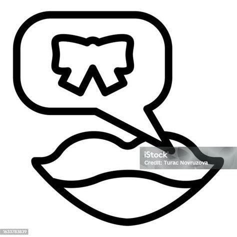 입술 축하 대화 줄 아이콘입니다 말풍선과 활을 가진 웃는 여자 입 파티 벡터 디자인 개념 윤곽선 스타일 픽토그램 흰색 사용 및 앱 Eps 10 Brand Name