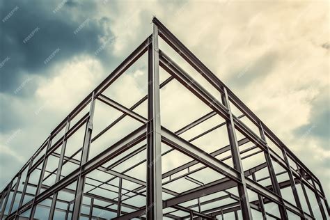 Structural Steel Framework Under Cloudy Sky Architectural Engineering And Construction Concept