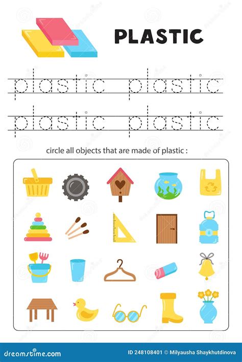 What Is Made Of Plastic Circle All Plastic Objects Education Worksheet Stock Vector
