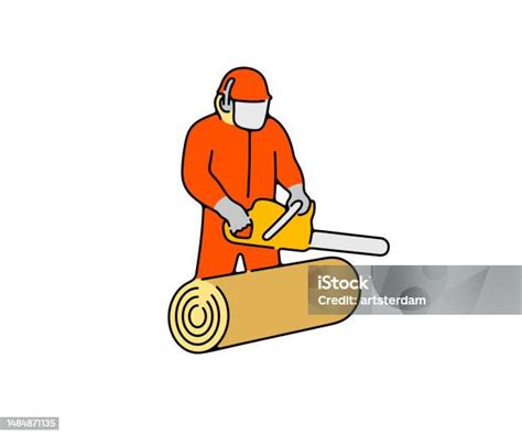 나무꾼은 전기톱으로 나무를 쓰러뜨리고 실루엣과 그래픽 디자인을 한다 제재소나 숲에서 전기톱으로 톱질하는 나무꾼 또는 벌목공 벡터 디자인 및 일러스트레이션 사슬톱에 대한 스톡