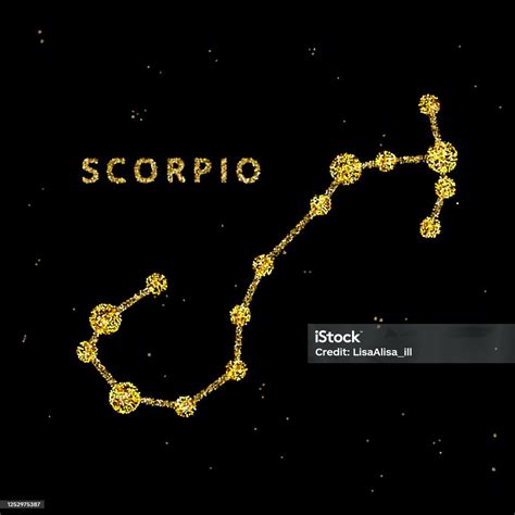 전갈 자리 조디악 별자리 기호 검은 하늘 배경에 황금 빛나는 반짝이 스타일에 점성술 시뮬레이션 0명에 대한 스톡 벡터 아트 및 기타 이미지 Istock