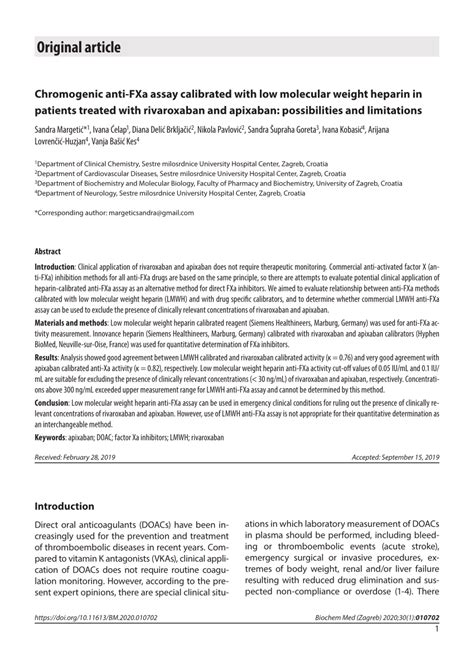 Pdf Chromogenic Anti Fxa Assay Calibrated With Low Molecular Weight