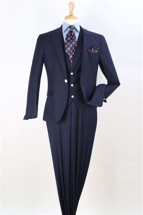 34 Modern Fit Mens Navy Blue Fashion Suit One Button Peak Lapel Vested