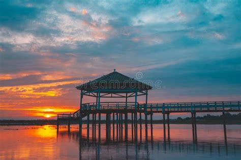 Sunset At The Pavilion On Lake Or Pond Or Swamp Of Bueng See Fai