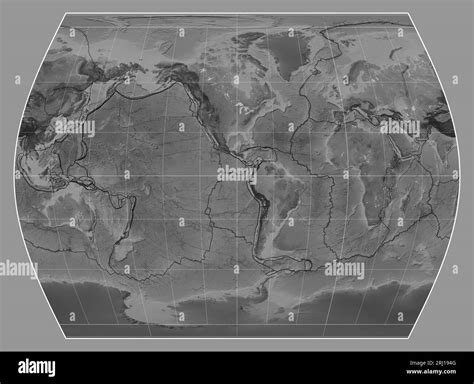 Tectonic Plate Boundaries On A Grayscale Map Of The World In The Times Projection Centered On