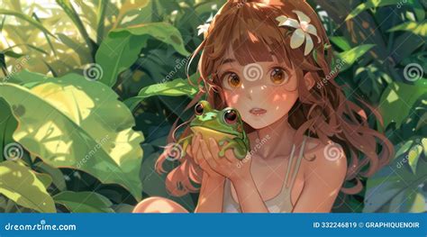 Cute Frog Anime Girl Cartoon Illustration Stock Image Image Of