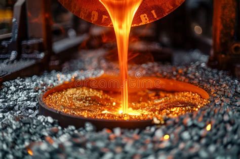 Close Up View Of Molten Metal Pouring Into Mould At A Foundry